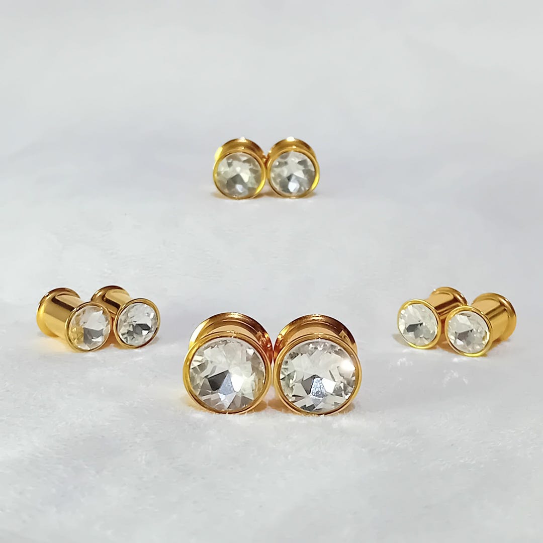 Gold Crystal Ear Gauges, Clear Glass Rhinestone Gem Stretchers, 8mm 0g ...