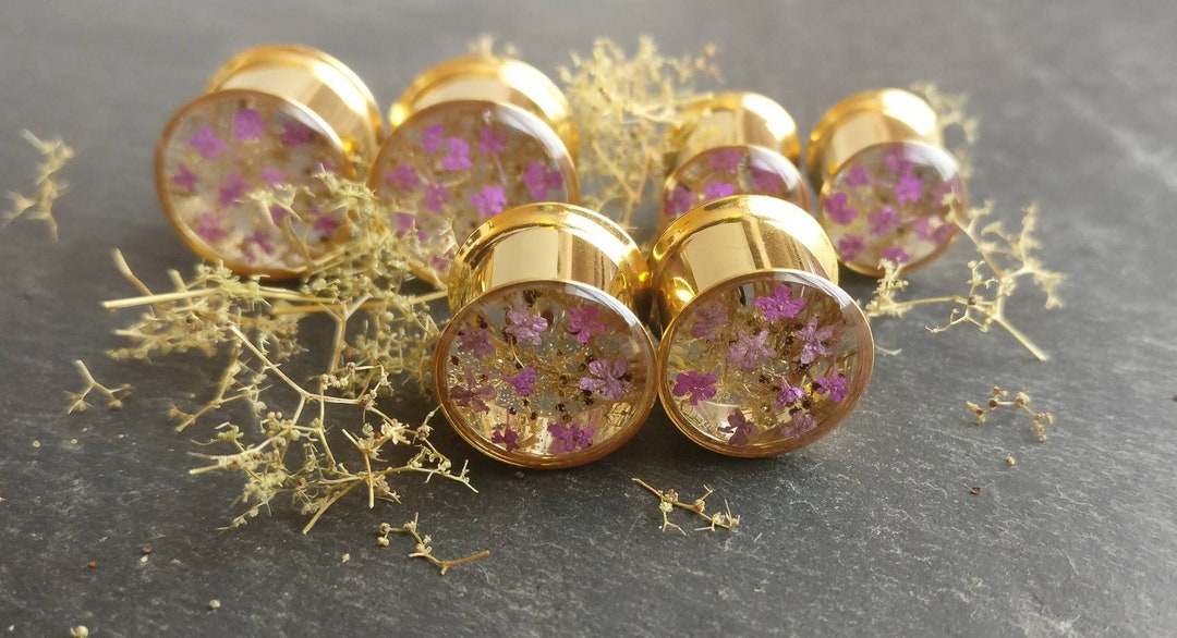 Gold Floral Plugs, Real Purple Flower & Sea Moss Ear Tunnels 8mm 0g ...