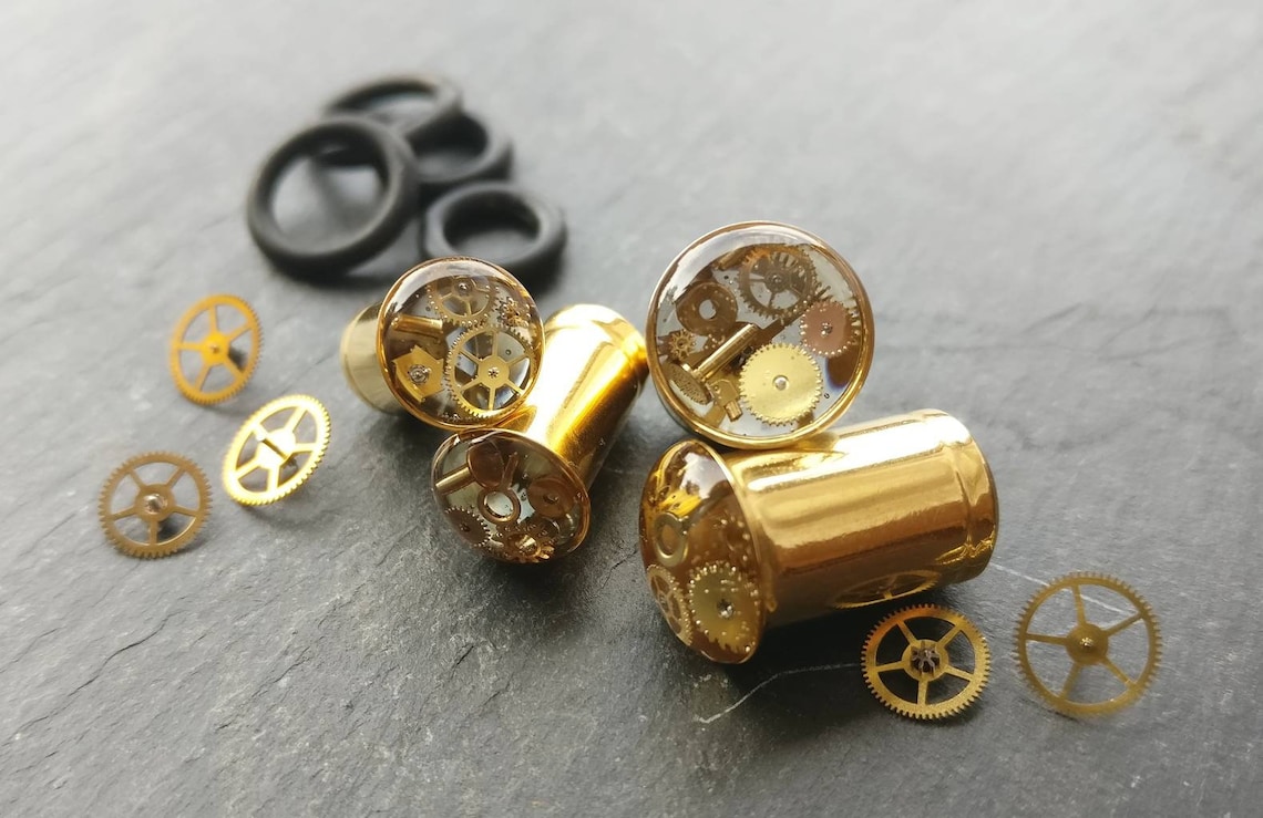 2g earrings 2 gauge 6mm ear plugs 8mm gold steampunk plugs/ | Etsy