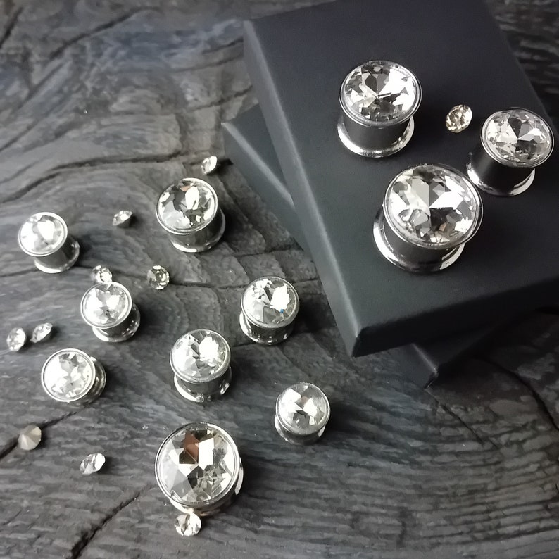 Diamond Effect Gauges 10mm + Glass Crystal Clear Gem Ear Plugs, Steel ...