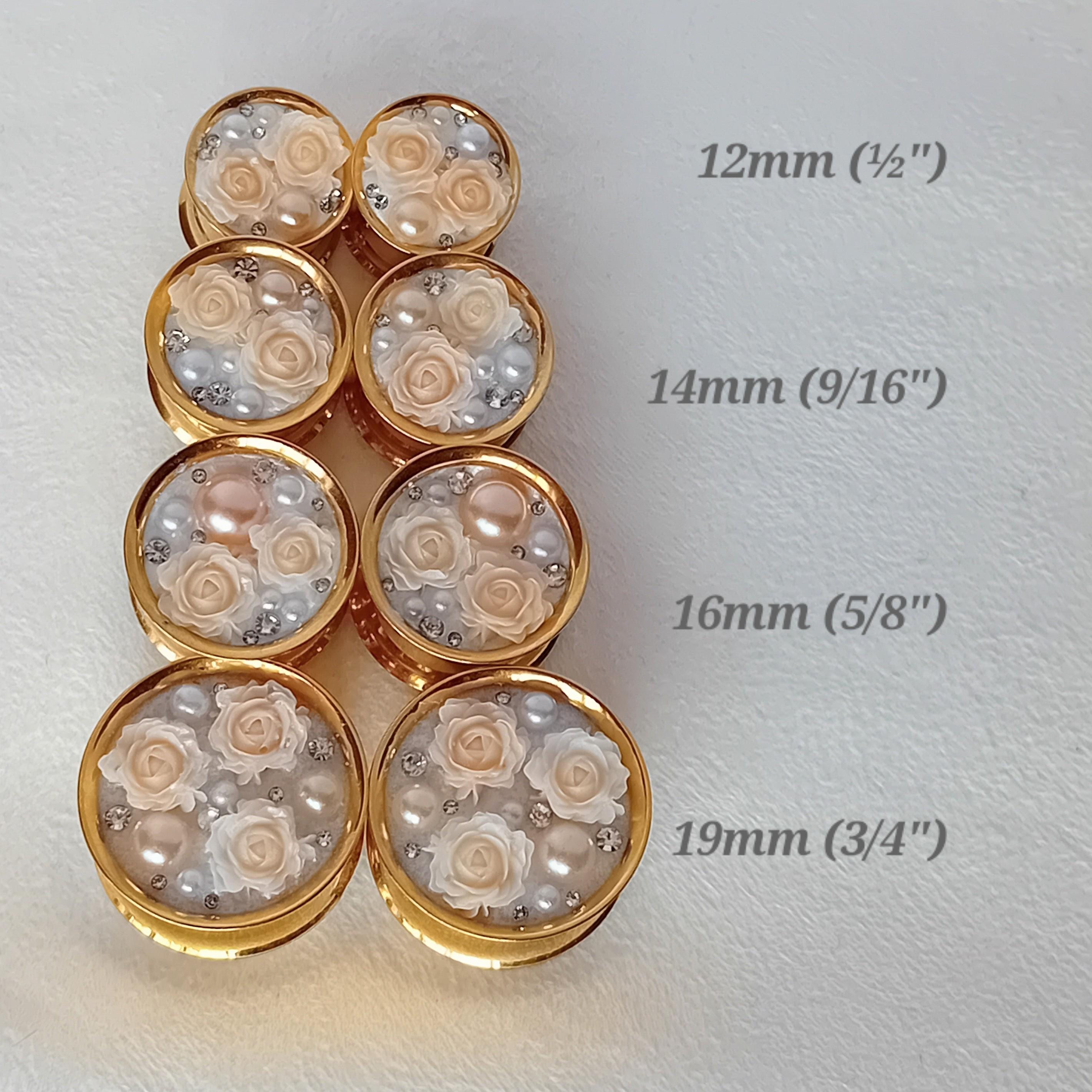 Gold Ear Gauges, Peach Rose Spacers, Flower Bridal Expanders, Pearl ...