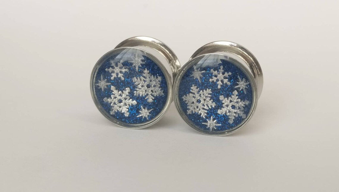 Snowflake Ear Plugs Ear Tunnels Winter Plugs Blue Glitter | Etsy