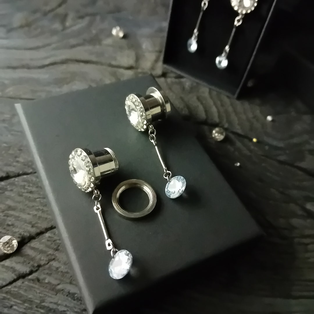 Diamond Ear Gauges Crystal Dangle Tunnels 6mm + Drop Ear Plugs ...