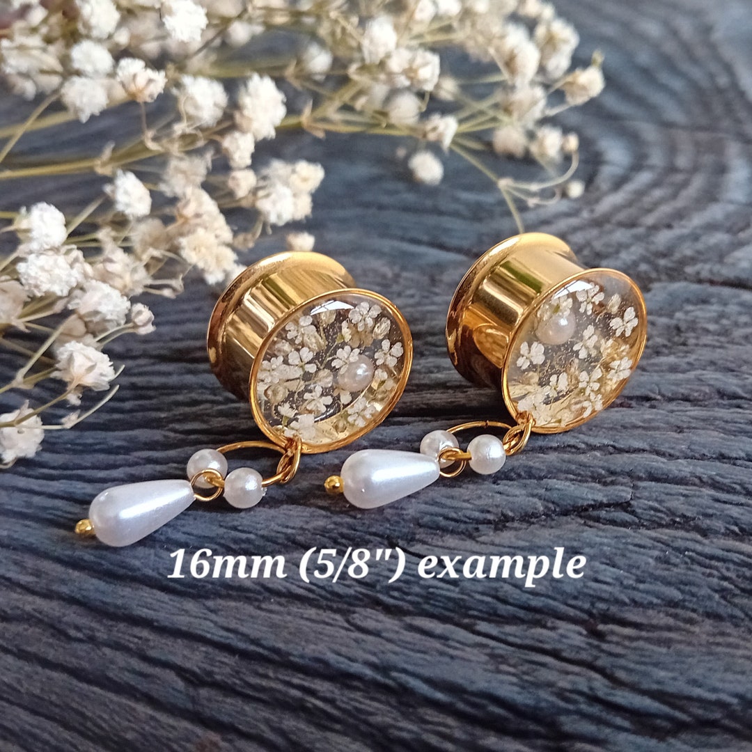 Gold 0 Gauges Dangle Plugs, Faux Pearls & Real Flowers, Wedding Bridal ...