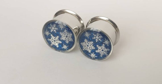 Snowflake Ear Plugs Ear Tunnels Winter Plugs Blue Glitter | Etsy