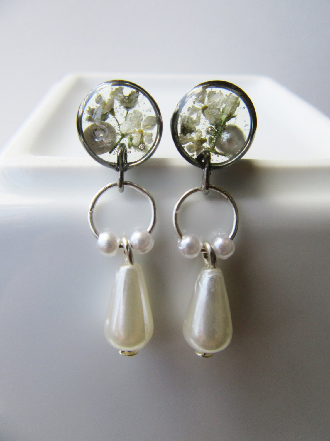 Dangle Plugs Wedding Faux Pearl Natural Real Flower Bridal | Etsy