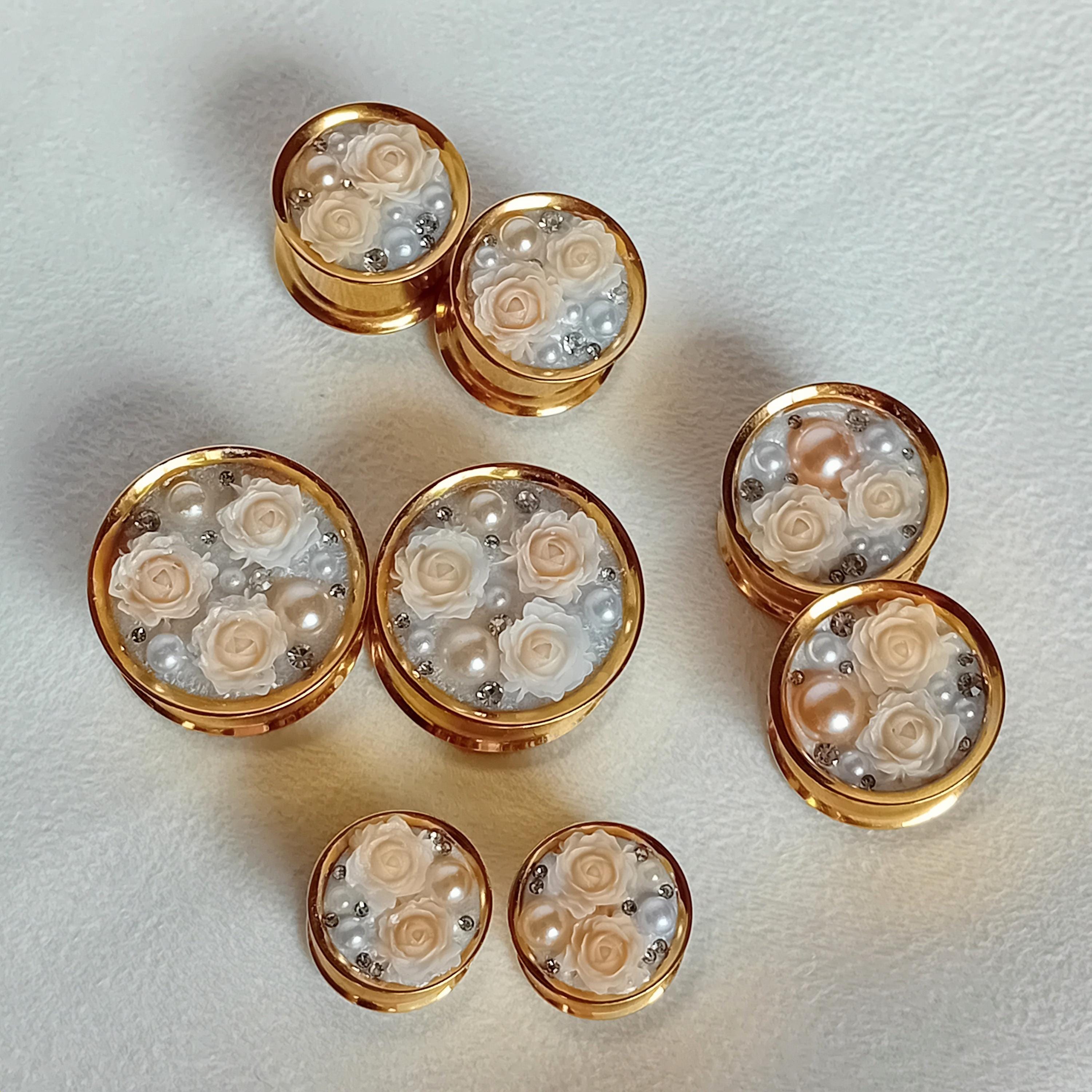 Gold Ear Gauges, Peach Rose Spacers, Flower Bridal Expanders, Pearl ...
