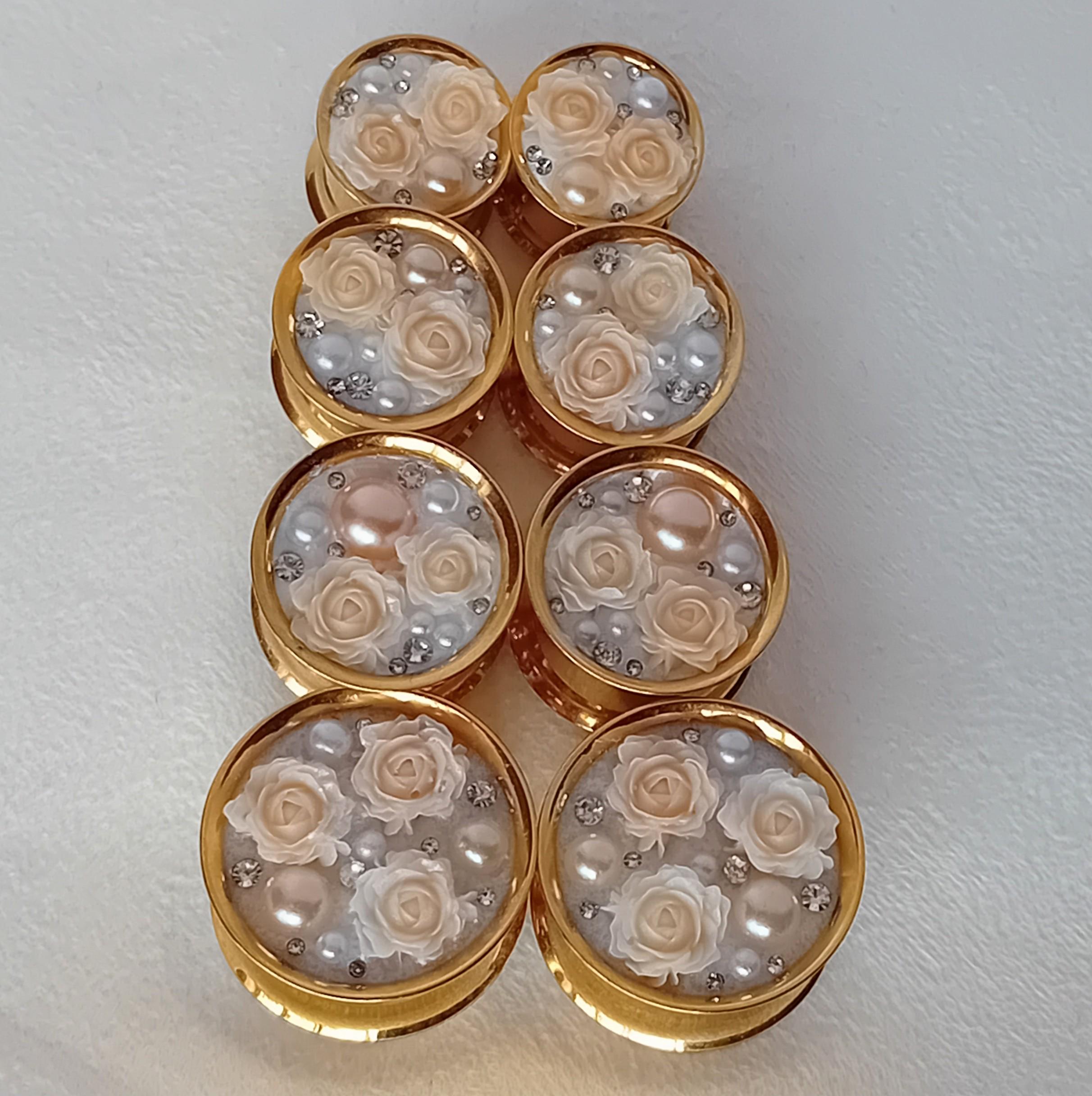 Gold Ear Gauges, Peach Rose Spacers, Flower Bridal Expanders, Pearl ...