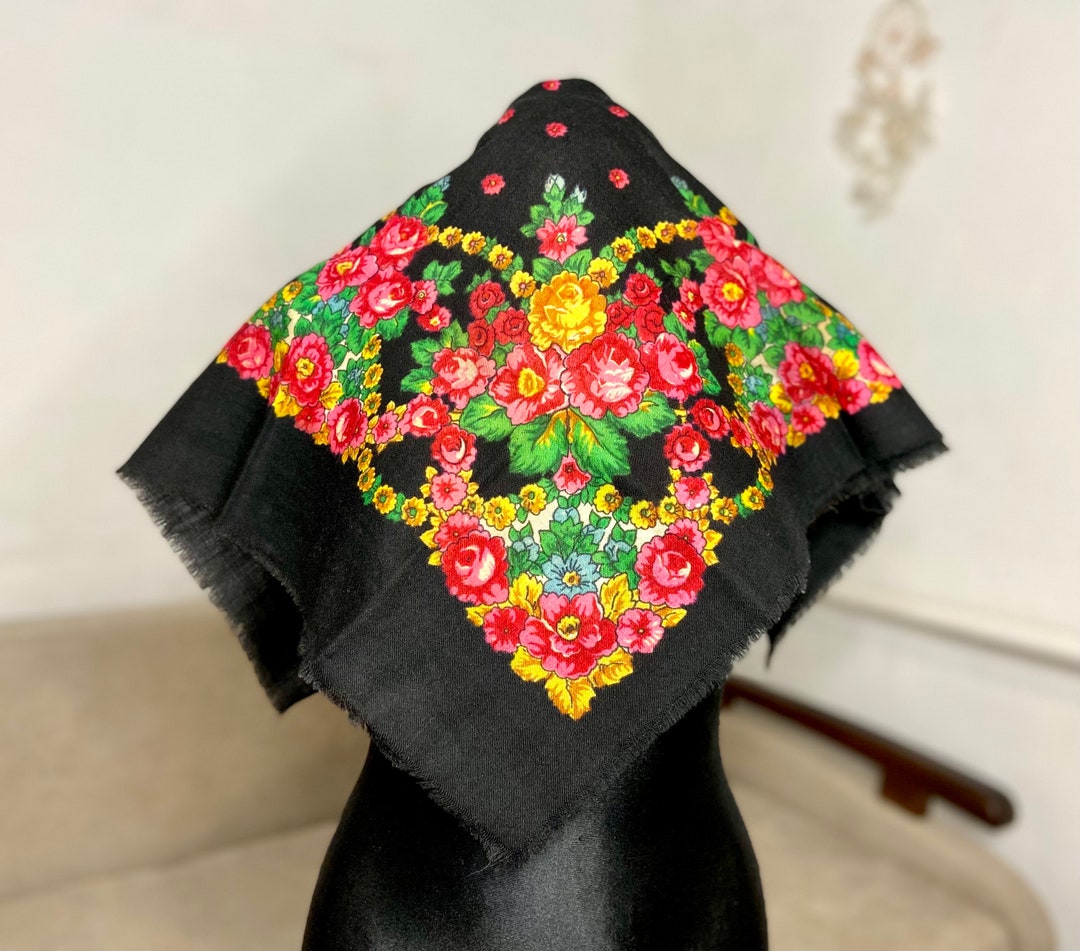 Pure Wool Ukrainian Vintage Floral Shawl, Black Head Wrap, Boho ...
