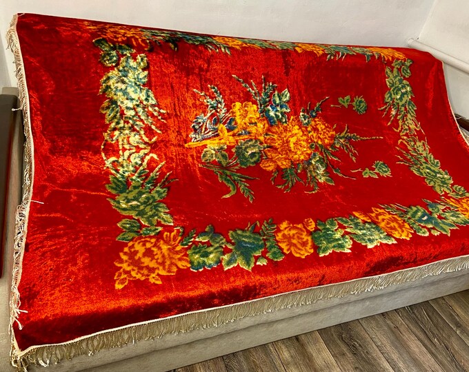 60s Soviet Plush Red Velvet Tablecloth With Fringe, Vintage Bedspread ...