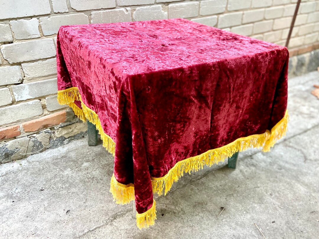 60s Soviet Plush Red Velvet Tablecloth With Fringe, Vintage Velour ...