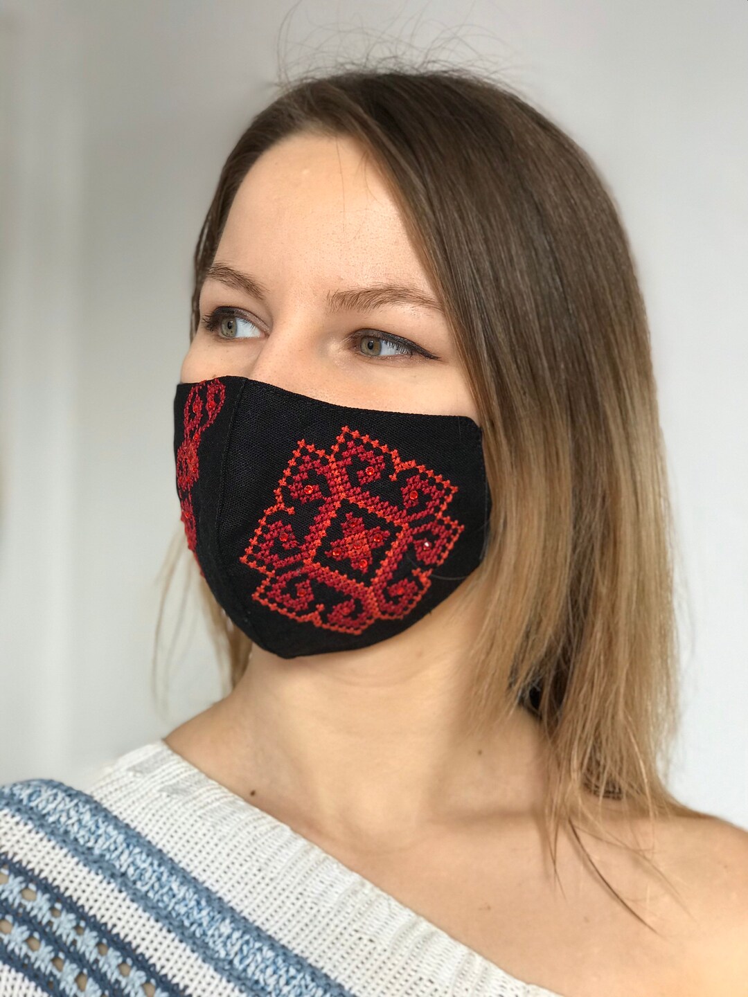 Designer Ukrainian Face Mask Linen With Embroidery Pattern 2 Layers ...