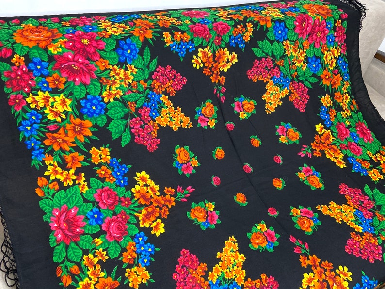 Vintage Big Boho Wool Piano Shawl Pavlovo Posad Black Floral - Etsy