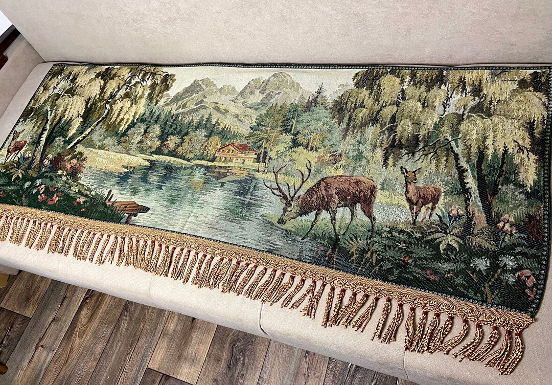 Vintage German Tapestry With Deer, Forest Landscape Soviet Carpet ...