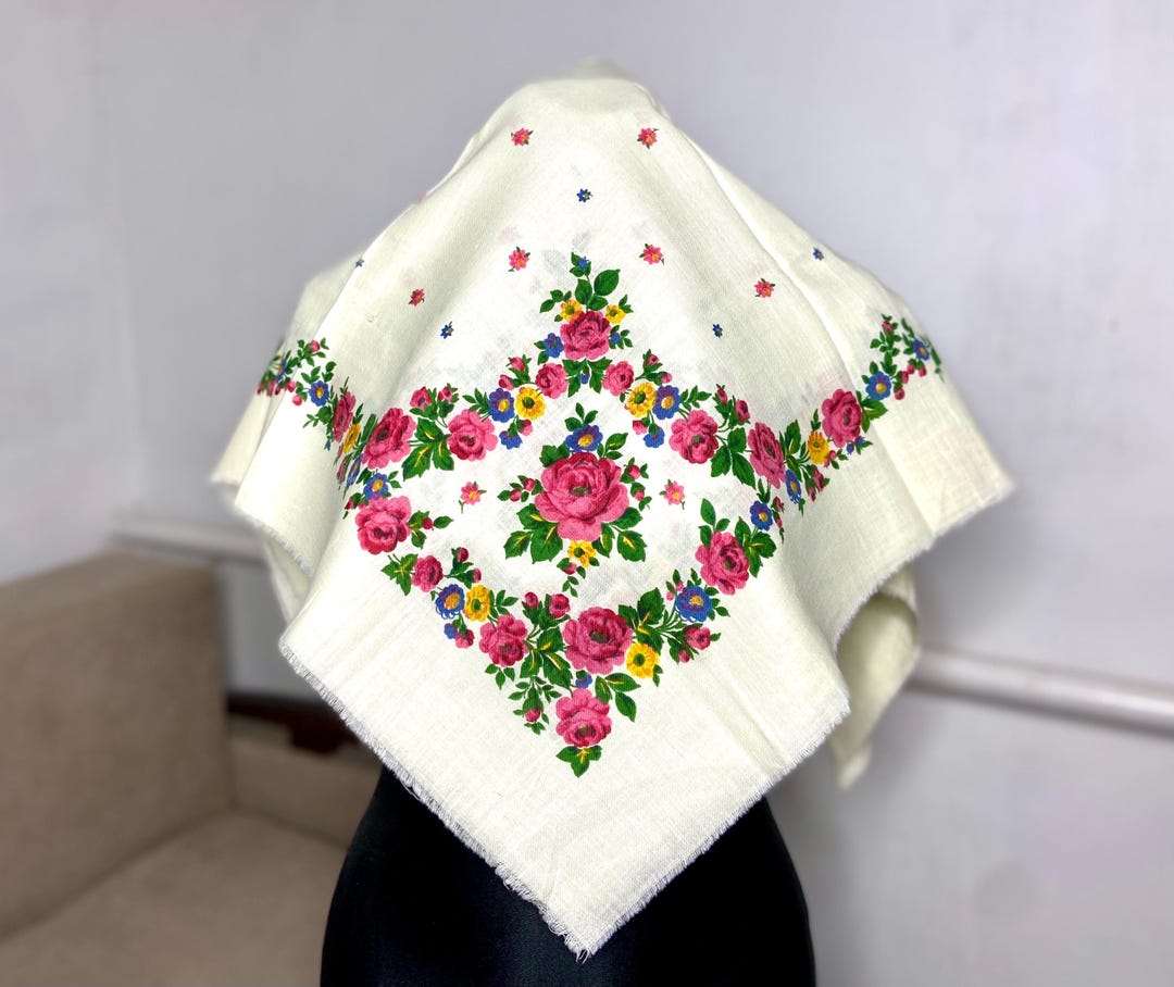 80s Ukrainian Vintage White Cotton Bandana, Russian Floral Slavic ...