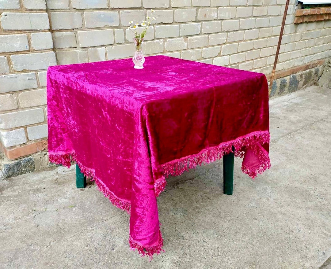 NEW Vintage Plush Russian Red Table Cover, Velvet Tablecloth, Fringed ...