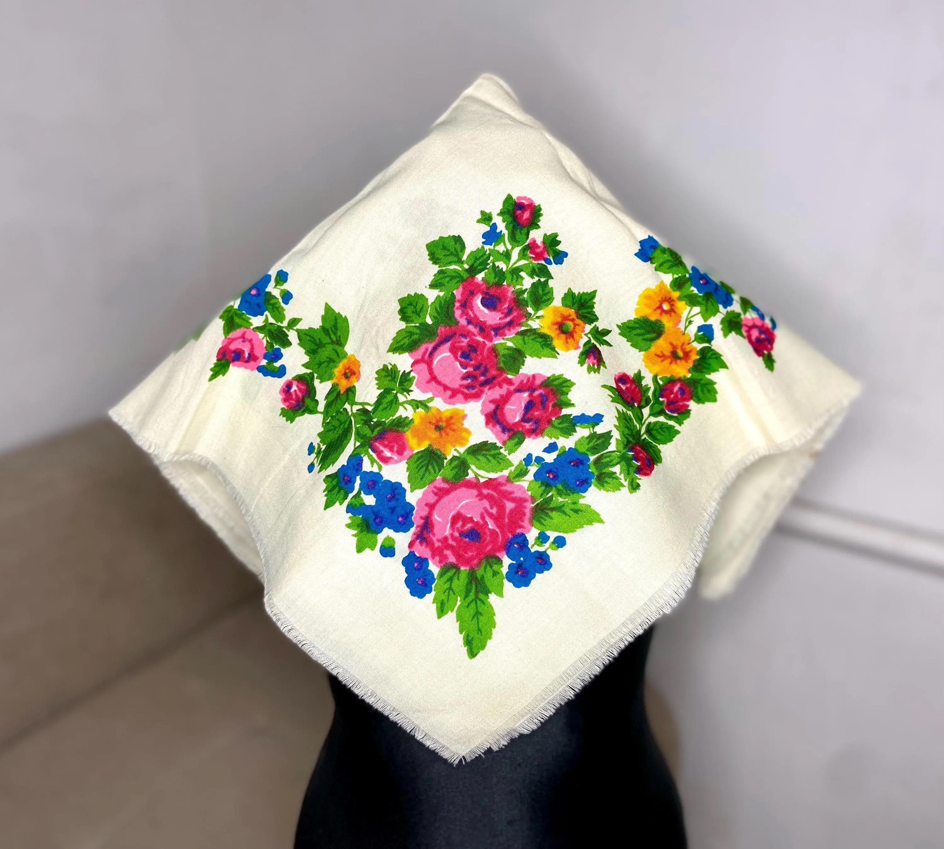 Ukrainian Retro White Wool Bandana, Russian Boho Head Scarf Top, Polish ...