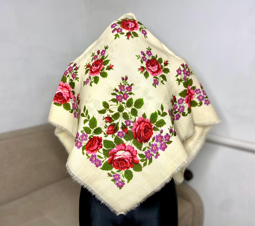 WOOL Ukrainian Floral White Square Shawl, Vintage Soviet Folk Bandana ...