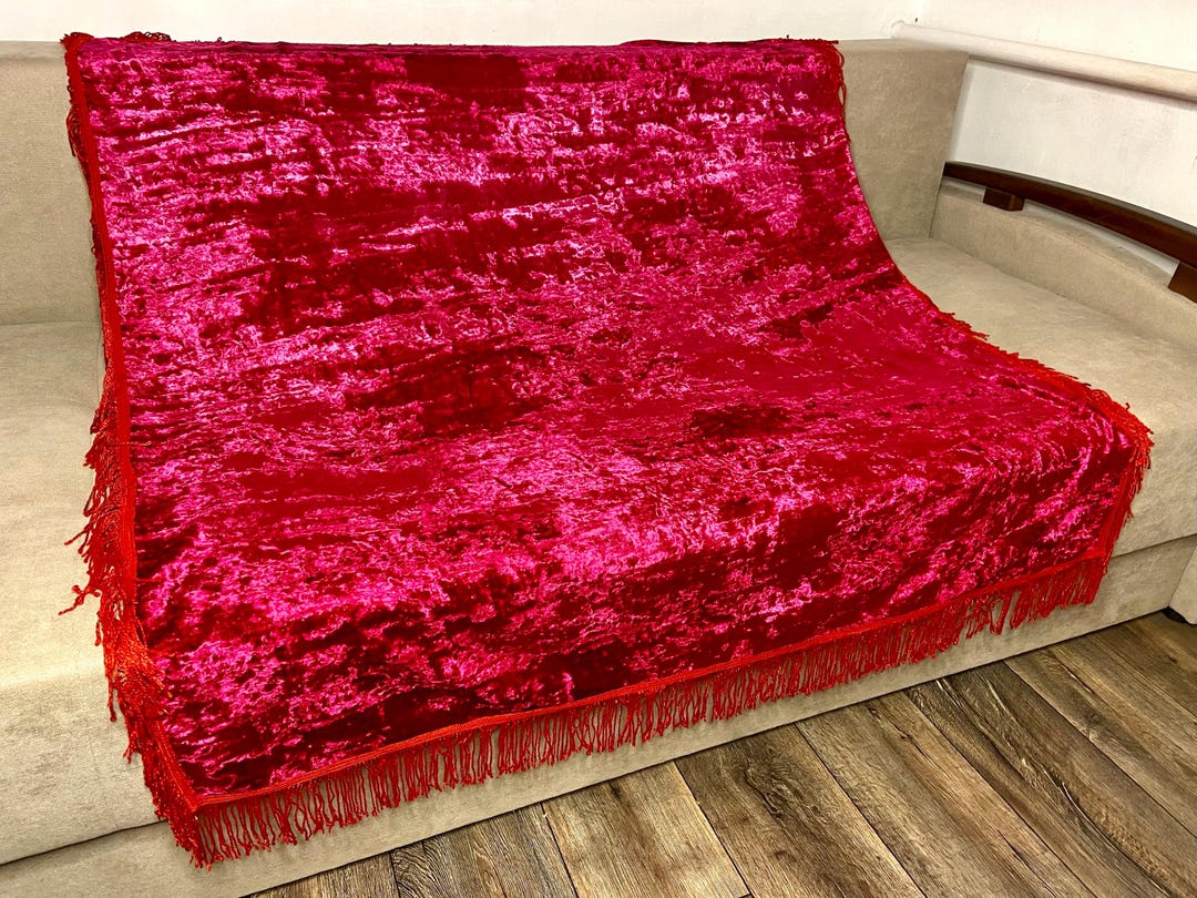 Soviet Plush Red Velvet Square Tablecloth With Fringe, 70s Vintage ...