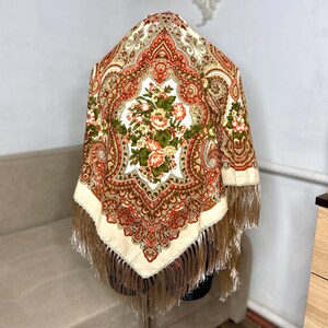 Pavlovo Posad Floral Beige Scarf, Russian Female Fringed Shawl, Slavic ...