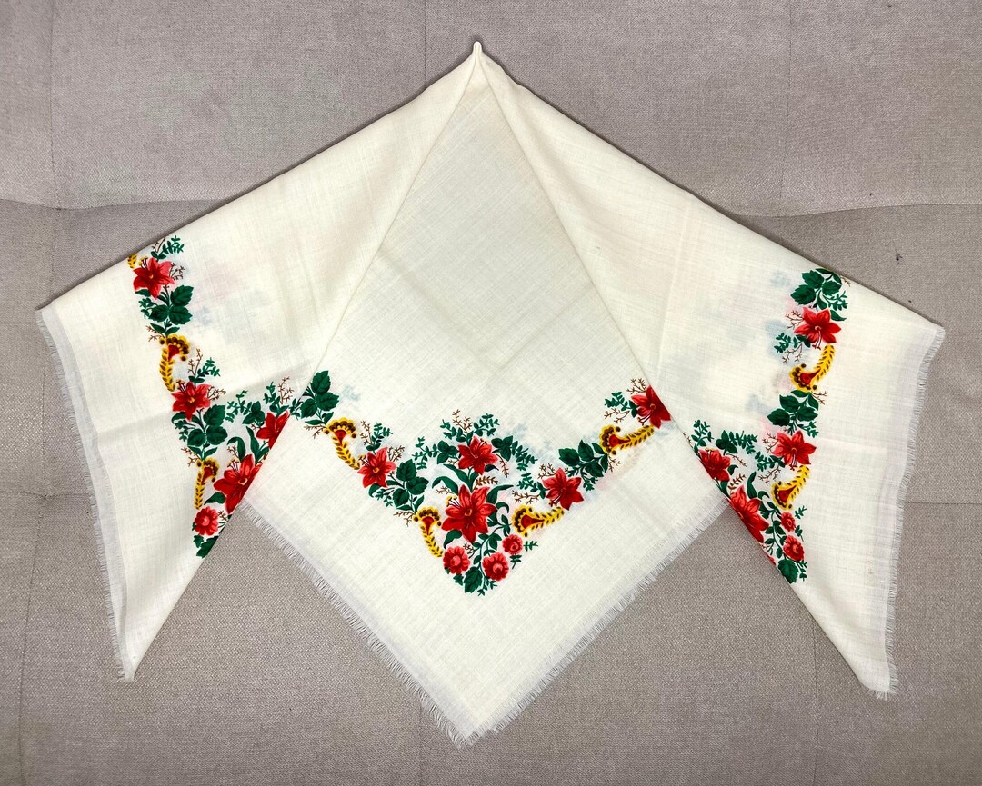 Vintage Wool Ukrainian Floral Shawl, Cream Russian Head Wrap, Boho ...