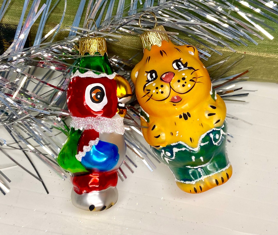Parrot Kesha and Orange Cat Soviet Christmas Ornaments, Ukrainian Glass ...
