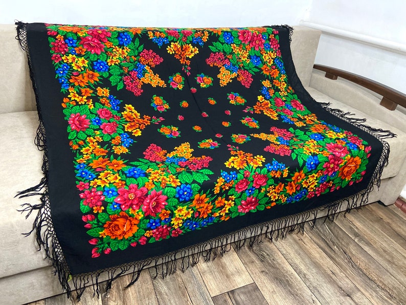Vintage Big Boho Wool Piano Shawl Pavlovo Posad Black Floral - Etsy