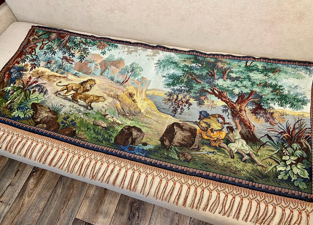 50s Italian Vintage Tapestry With Lion Hunt, Forest Landscape German ...