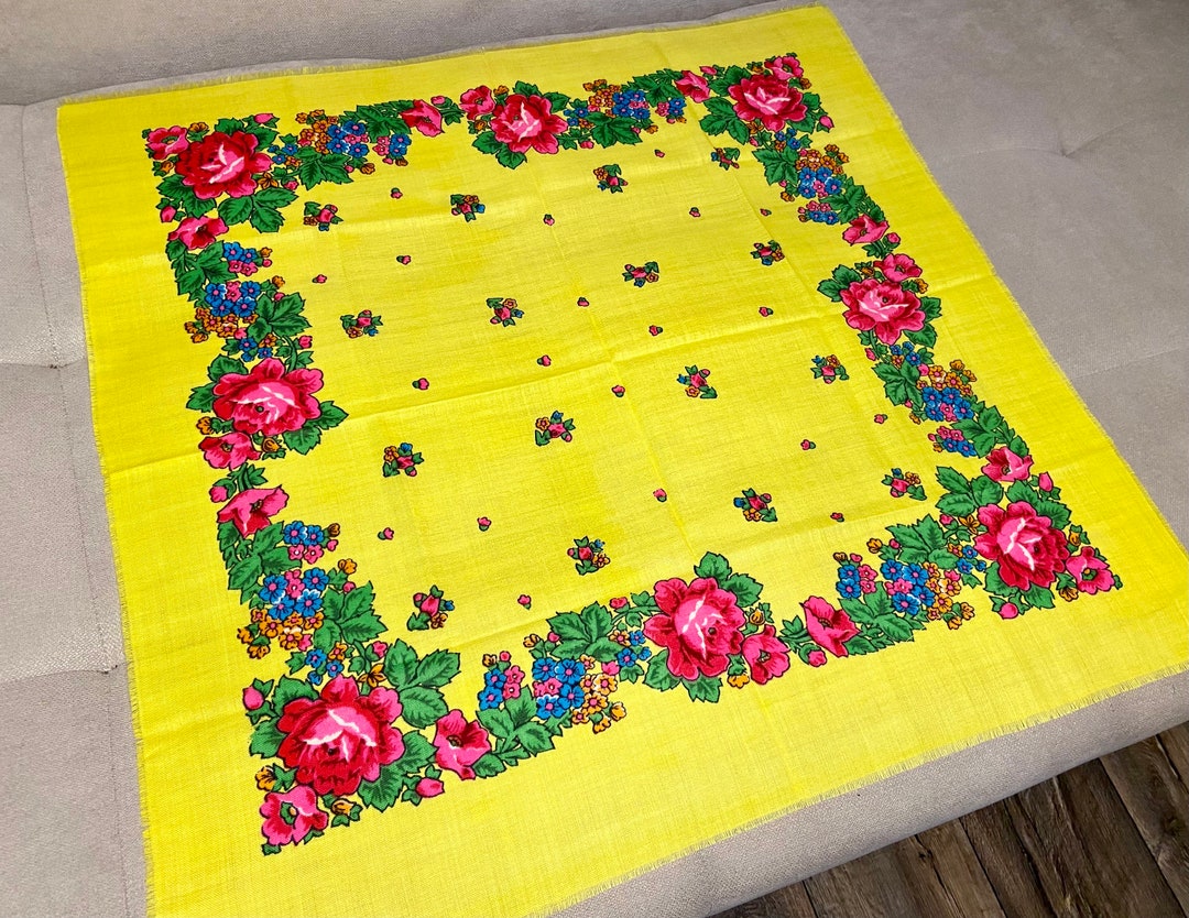 Vintage Ukrainian Wool Yellow Shawl, Floral Russian Babushka Scarf ...