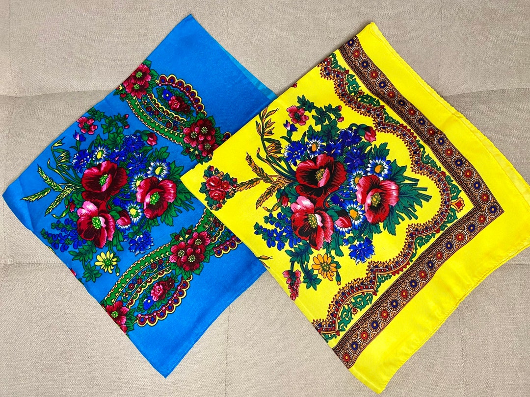 Ukrainian Women Yellow Blue Floral Slavic Bandana, Vintage Autumn Scarf ...