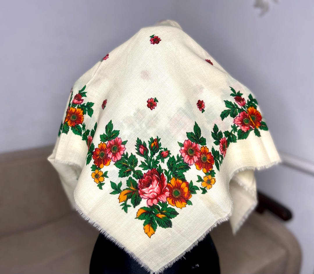 Vintage Ukrainian Slavic Beige Wool Bandana, Romanian Soviet Scarf ...