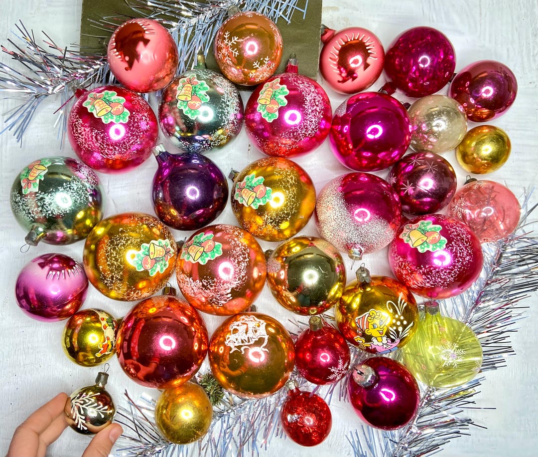 Vintage Shiny BAUBLE Christmas Ornament, Retro Pink Bulbs, Xmas Hand ...