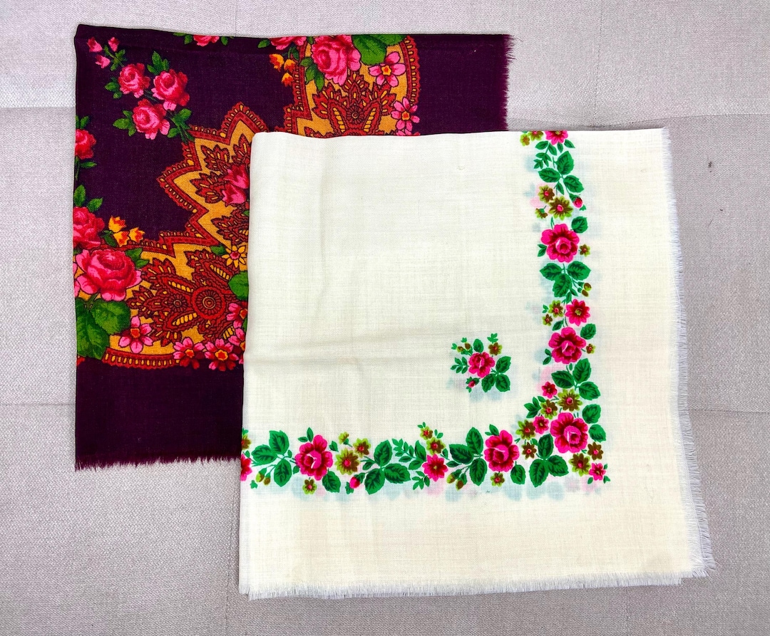 SET 2 Vintage Wool Ukrainian White Head Shawl, USSR Floral Babushka ...