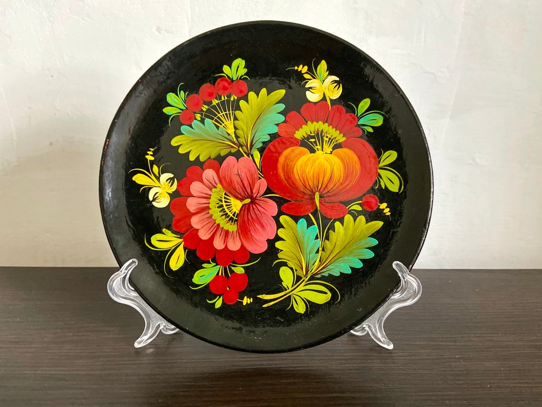 Vintage Ukrainian Folk Art Wooden Floral Handpainted Plate, Hanging ...