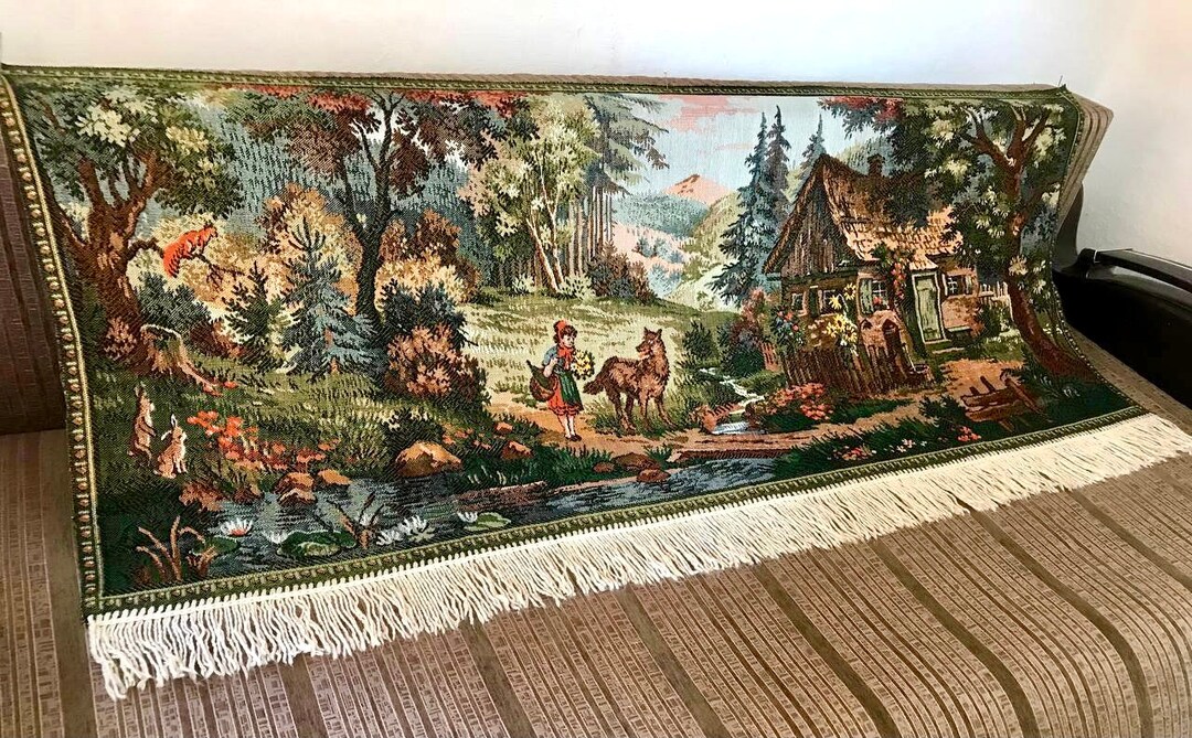 Vintage German Cotton Wall Tapestry Fairy Tale Little Red Riding Hood ...