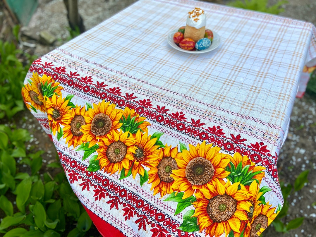 Ukrainian Linen White Tablecloth With Sunflowers, Summer Slavic Folk ...
