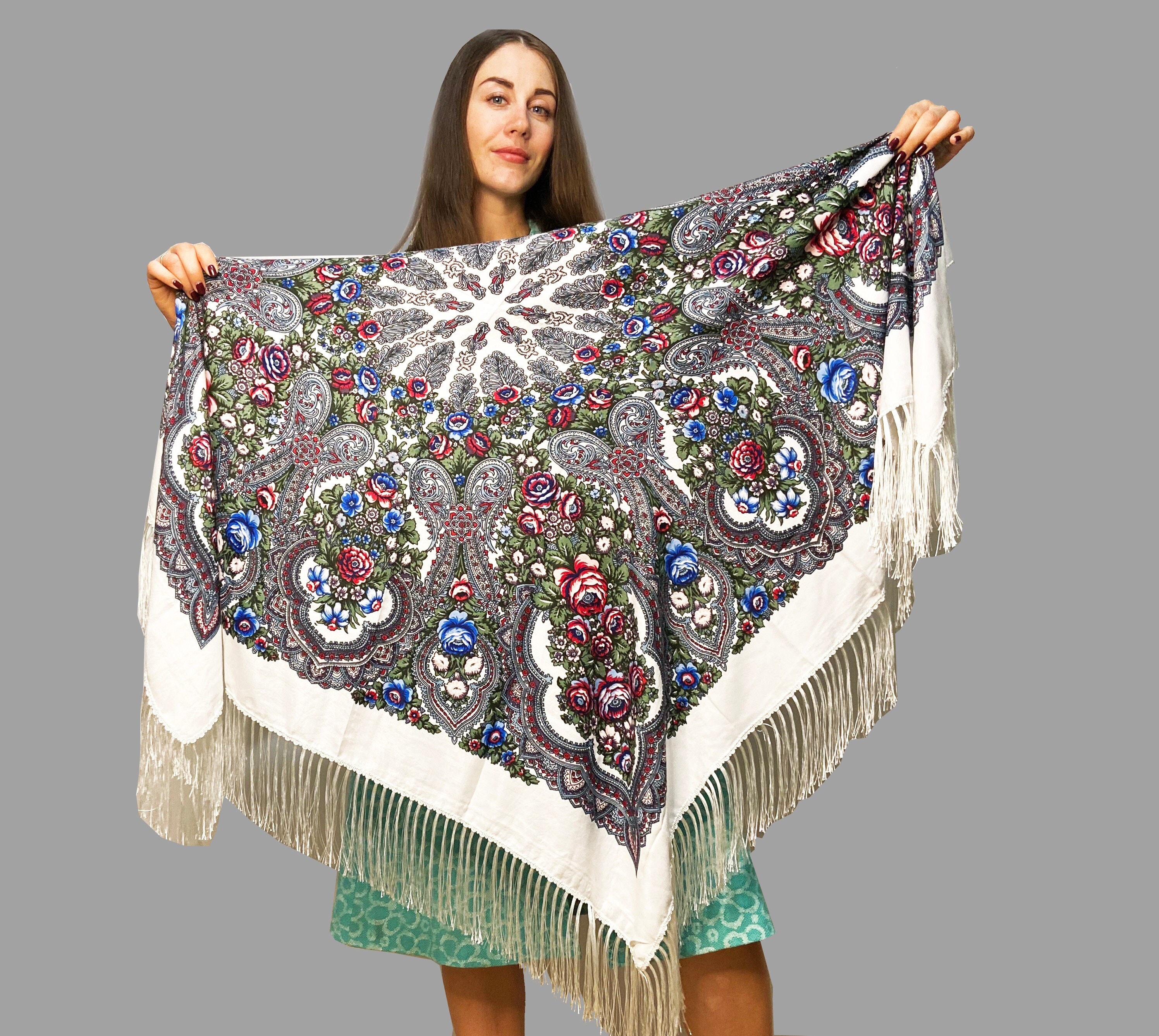 Large White Piano Shawl Floral Kokum Scarf Russian - Etsy UK