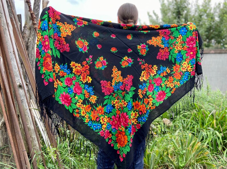 Vintage Big Boho Wool Piano Shawl Pavlovo Posad Black Floral - Etsy