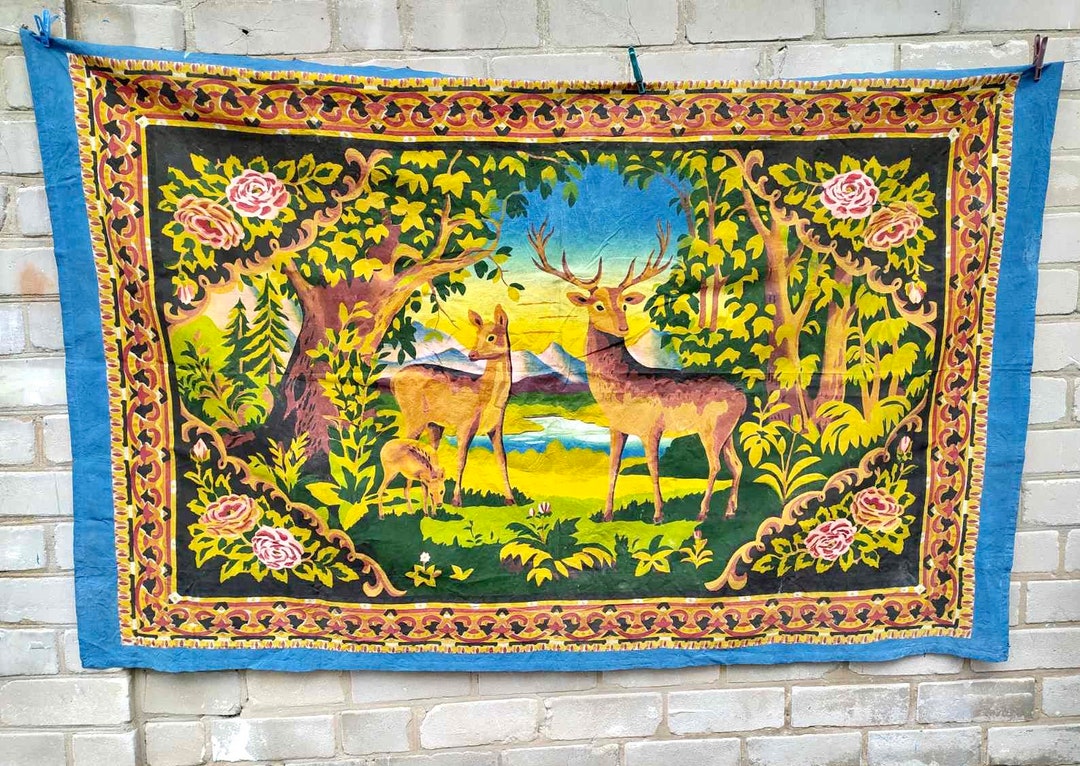 30s Vintage Textile Painting on Wall, Unique Textile Hand-drawn Soviet ...