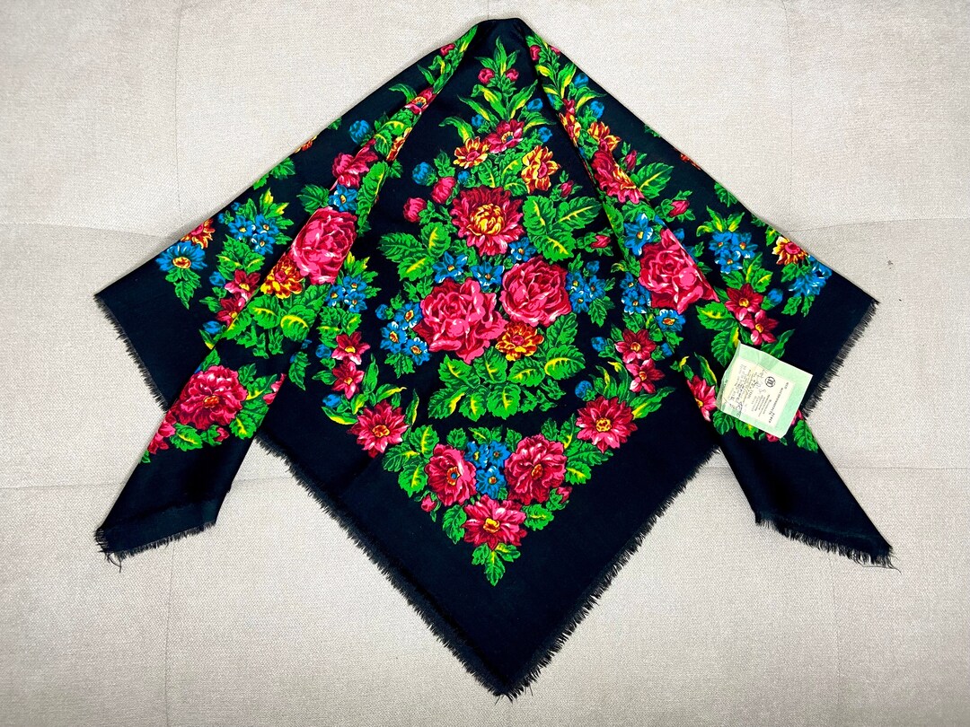 Ukrainian Black Floral Wool Vintage Shawl, Folk Soviet Shawl, Russian ...