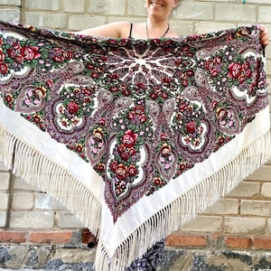 Pavlovo Posad Floral Beige Scarf, Russian Female Fringed Shawl, Slavic ...