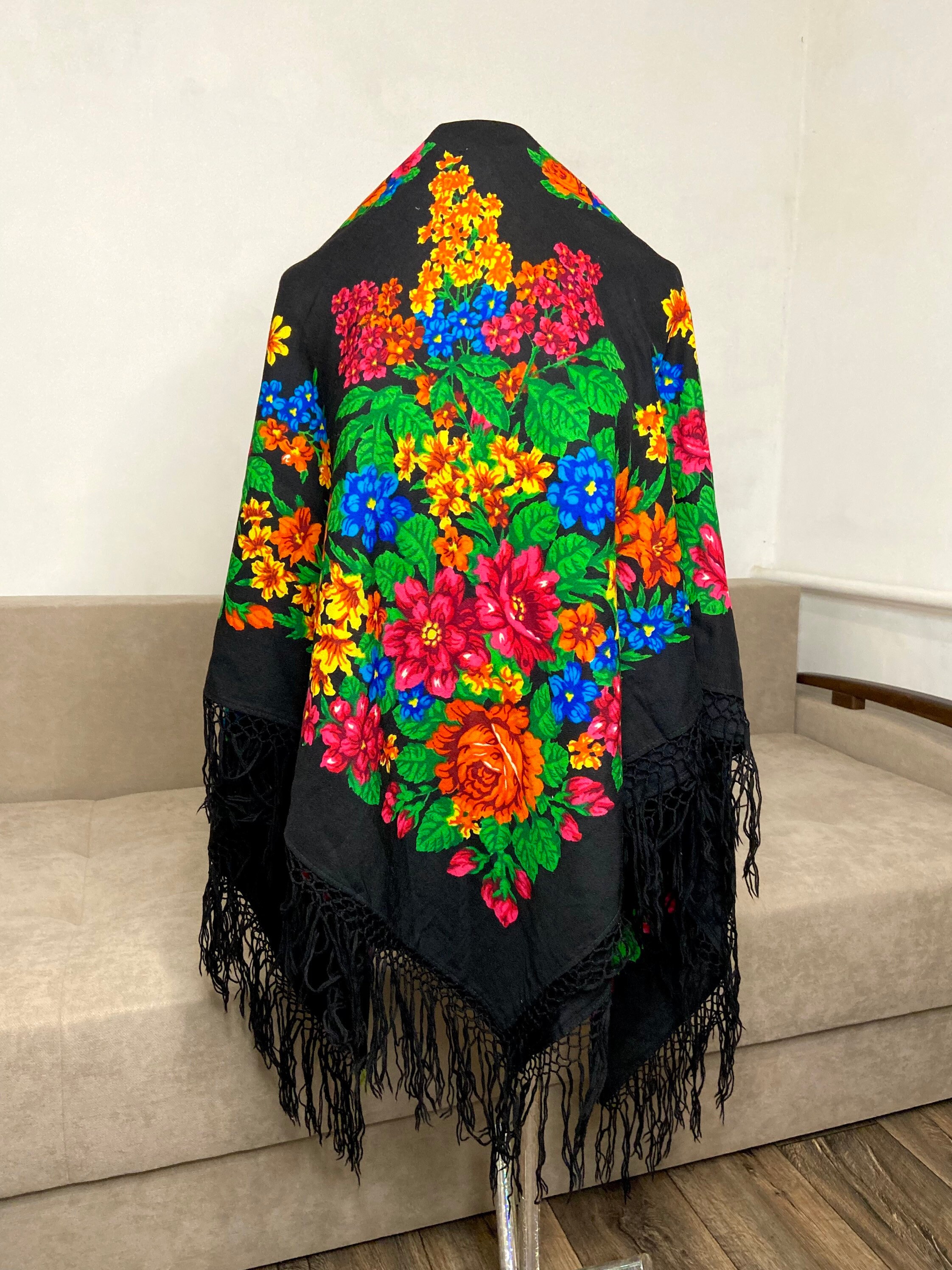 Vintage Big Boho Wool Piano Shawl Pavlovo Posad Black Floral - Etsy
