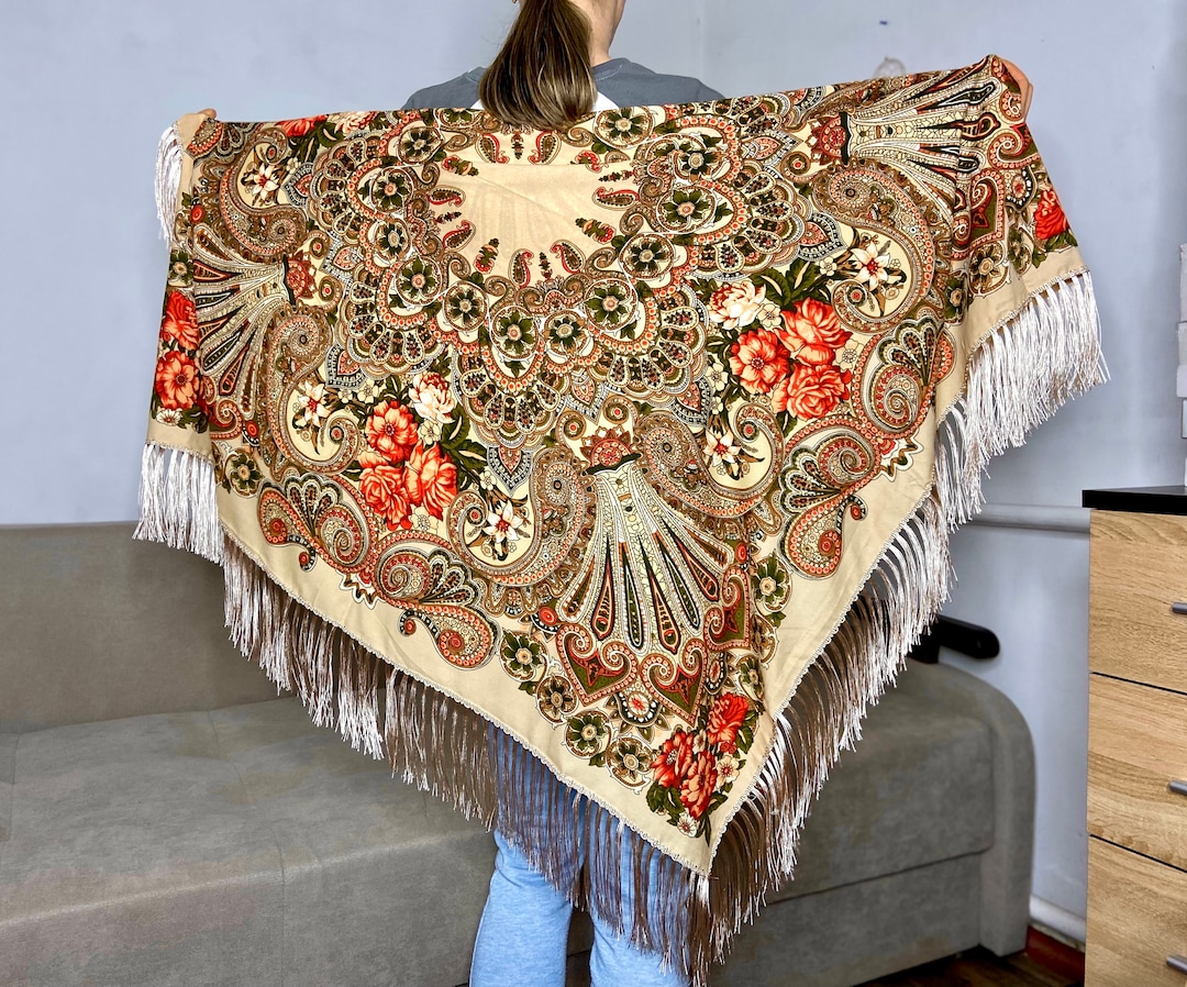 Pavlovo Posad Floral Beige Scarf, Russian Female Fringed Shawl, Slavic ...