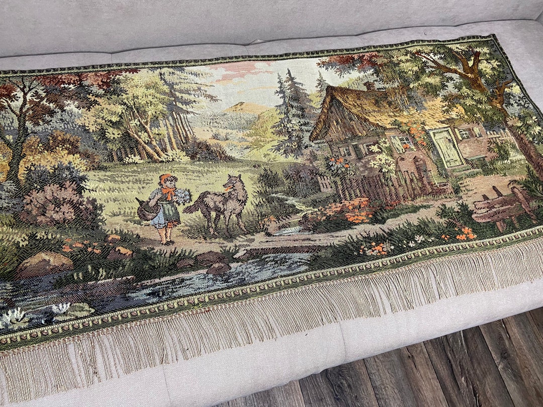 50s Vintage German Cotton Wall Hanging Tapestry Fairy Tale Little Red ...