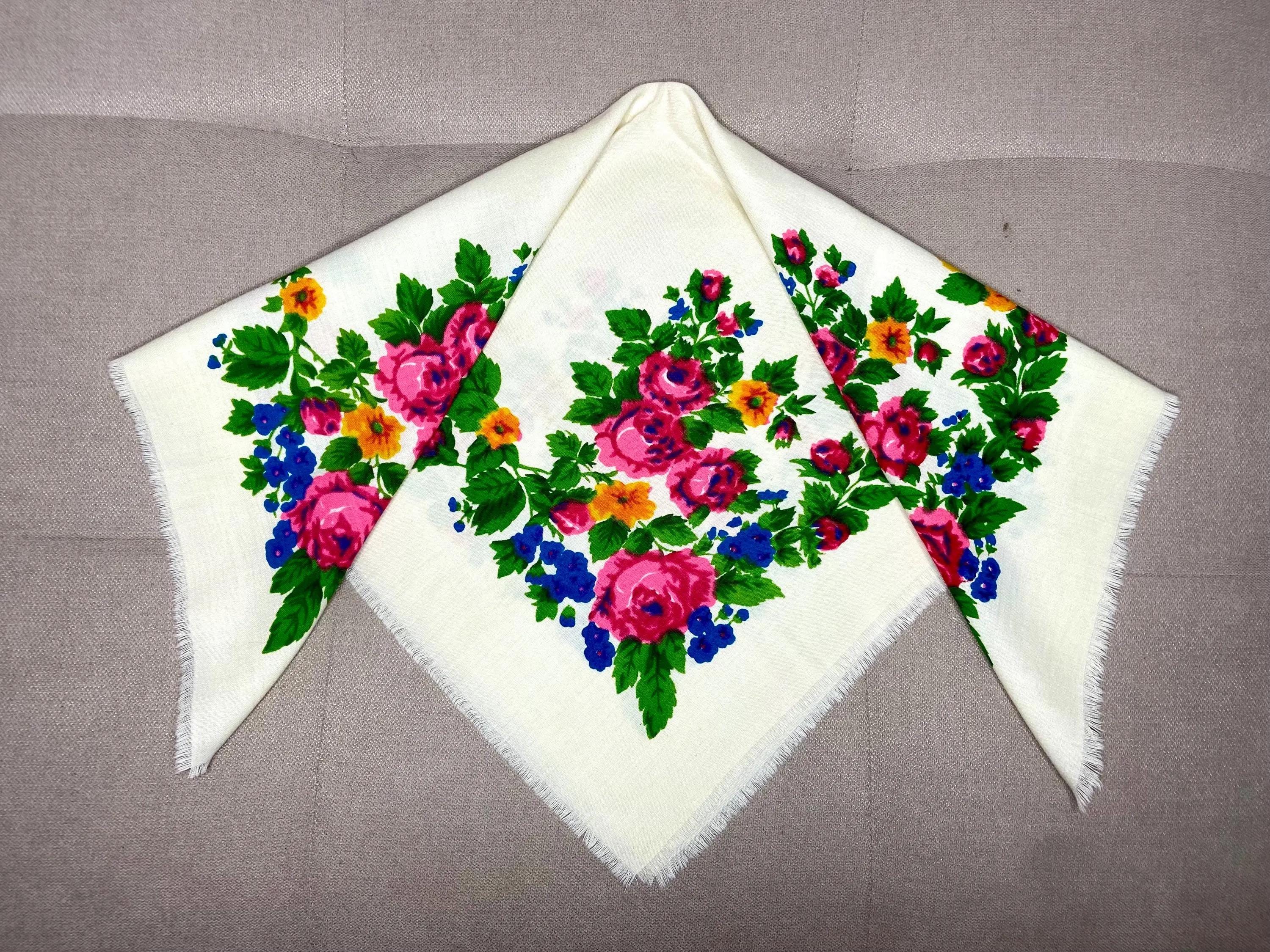 Ukrainian Retro White Wool Bandana, Russian Boho Head Scarf Top, Polish ...