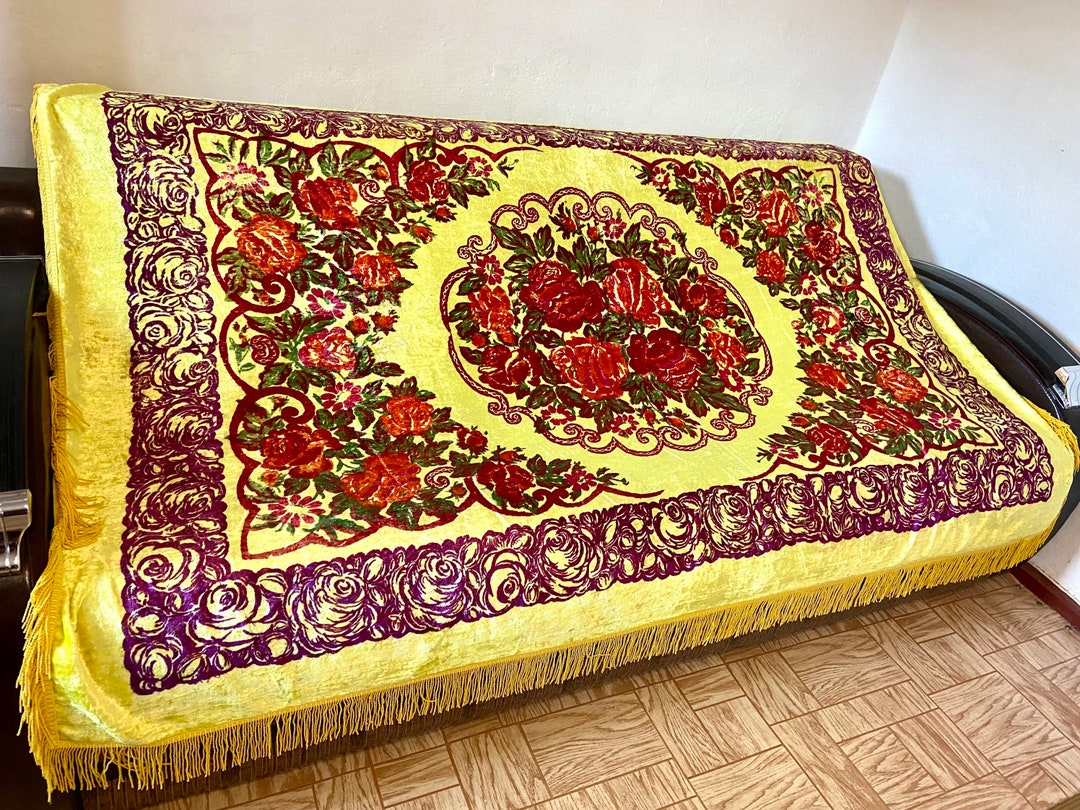 60s Soviet Floral Plush Bedspread, Yellow Velours Tablecloth, Vintage ...