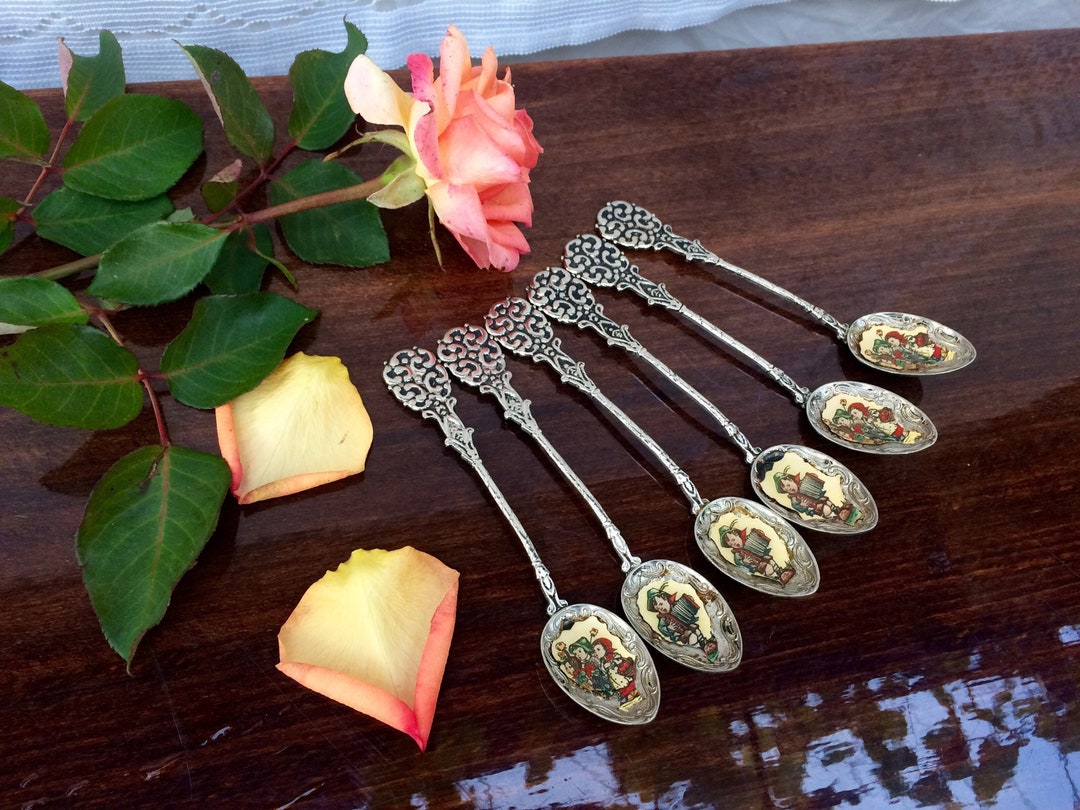 Set 6 Vintage Dessert German Enameled Spoons, Antique Cupronickel ...