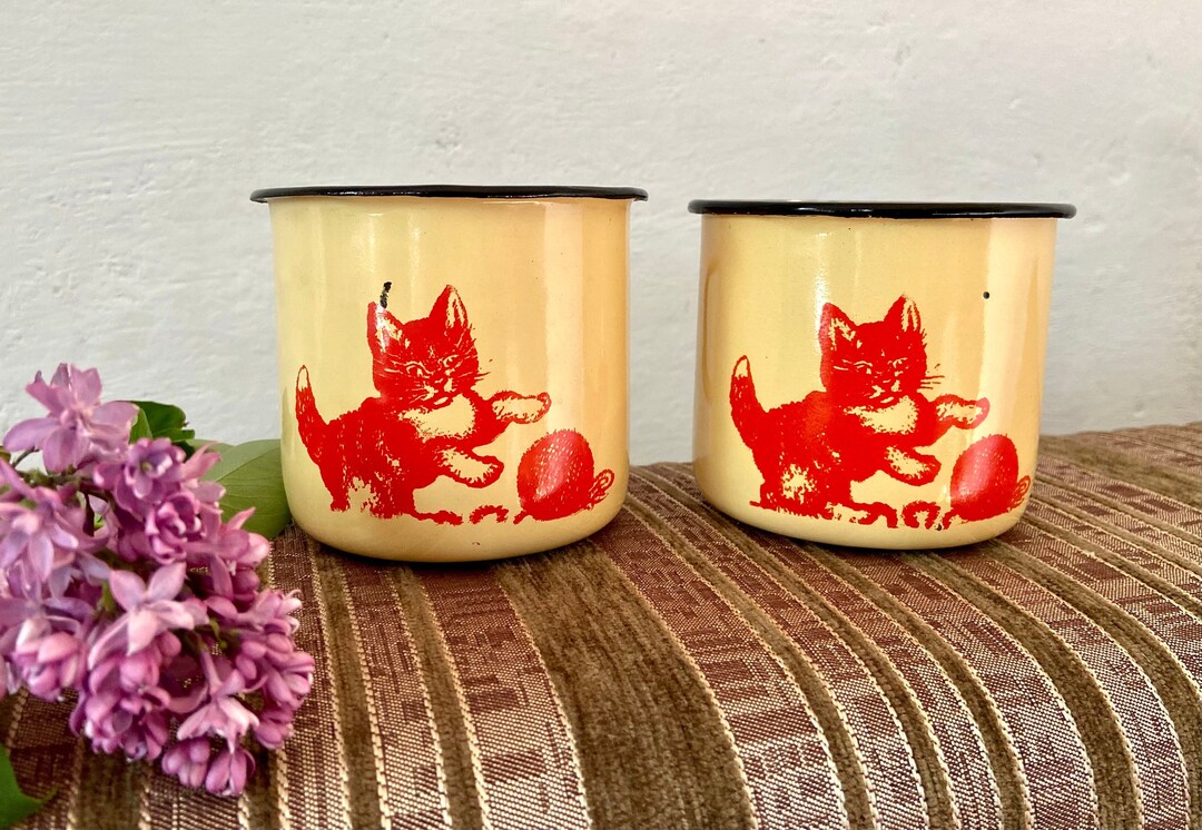 Soviet Vintage Enamel Small Yellow With Cat Mug, Ukrainian Ussr Mug ...