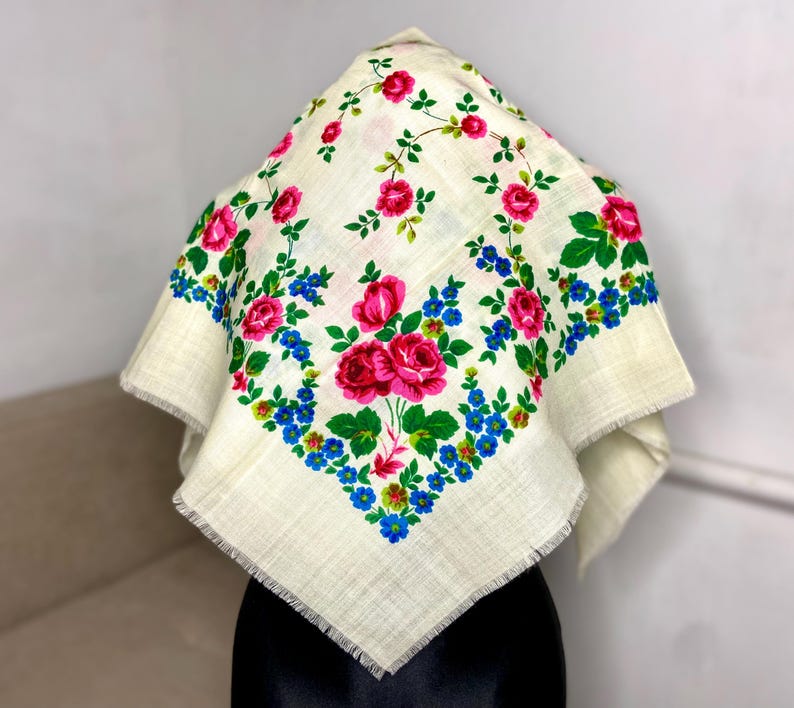 Ukrainian Retro White Wool Bandana, Russian Boho Head Scarf Top, Polish ...