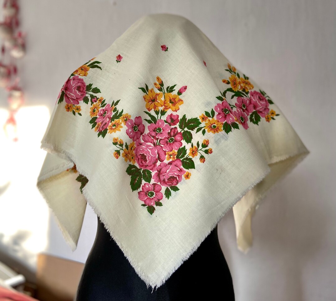 Ukrainian Vintage Beige Cotton Bandana Russian Floral Slavic Floral ...